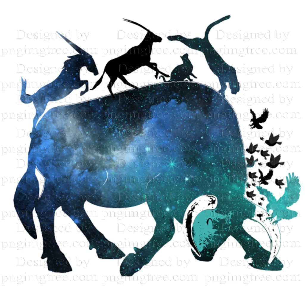 A fictional image +100 of a huge bull whose skin bears the shape of ...
