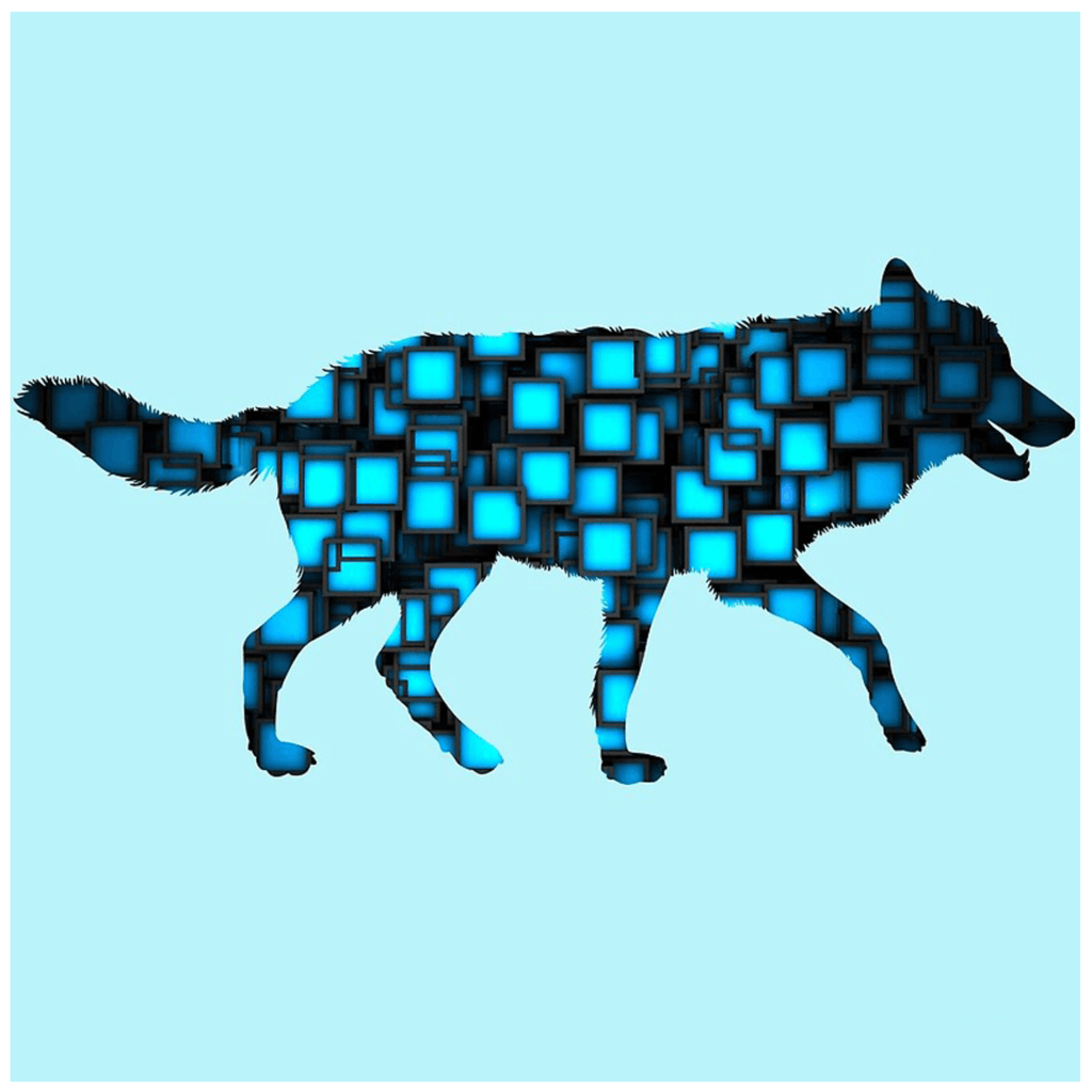 An Illustration dog with a shiny pattern on light blue geometric ...